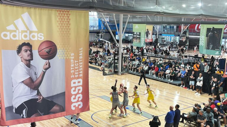 Adidas 3SSB Circuit basketball court hanging banners | Front Signs