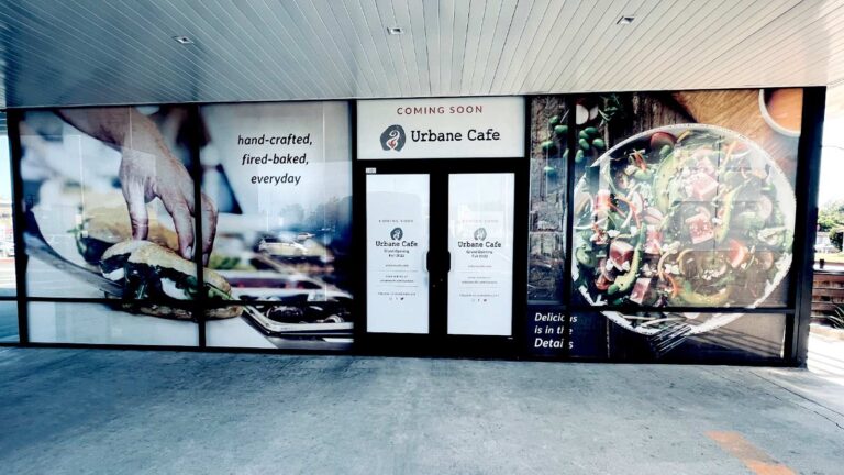 Urbane Cafe window decals made of perforated vinyl | Front Signs
