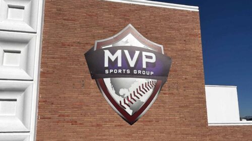 MVP Sports Group logo-shaped building sign | Front Signs