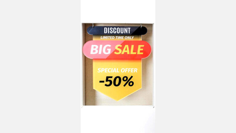 Hanging colorful acrylic sign for discounts | Front Signs